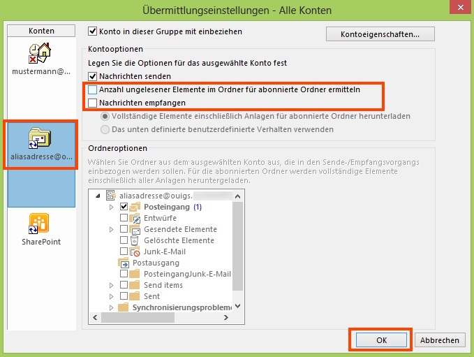 Einrichten eines Alias-SMTP-Kontos in Outlook (1246)